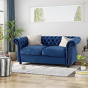 Christopher Knight Home Karen Traditional Chesterfield Loveseat Sofa, Navy Blue and Dark Brown, 61.75 x 33.75 x 27.75