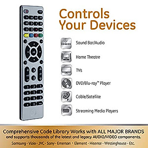 GE Universal Remote Control for Samsung, Vizio, LG, Sony, Sharp, Roku, Apple TV, TCL, Panasonic, Smart TVs, Streaming Players, Blu-ray, DVD, 4-Device, Silver, 33709