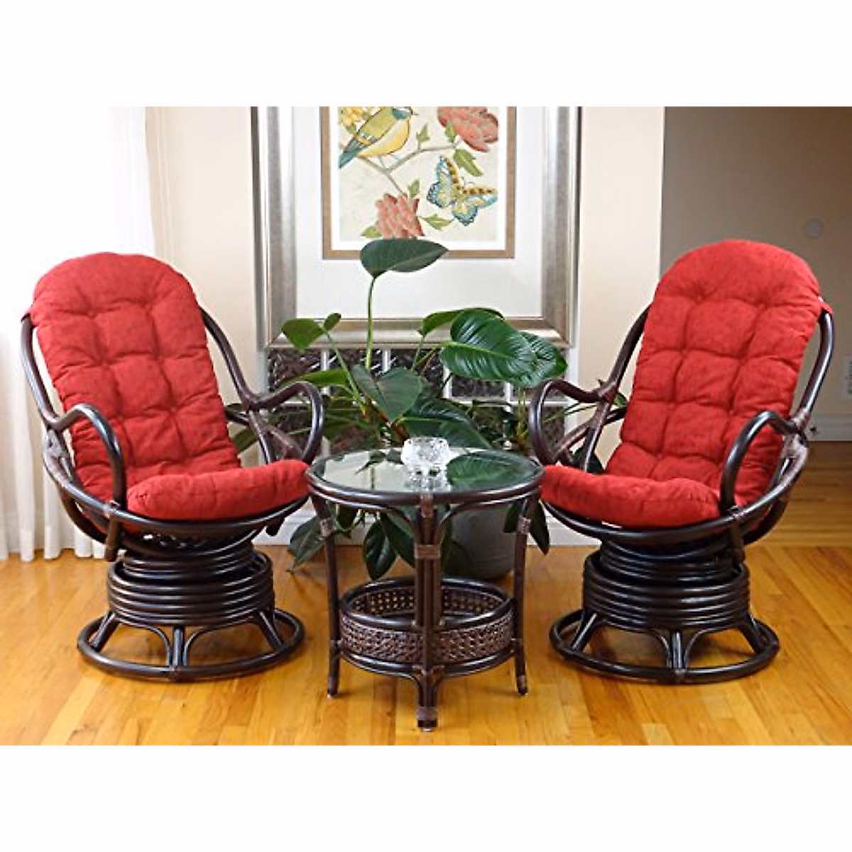 SK New Interiors Lounge Swivel Rocking Java Chair Rattan Wicker Handmade with Cream Cushion, White Wash