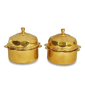 RUDRA CENTRE Brass Faceted Haldi Kumkum Container (Dibbi) - Set of 2