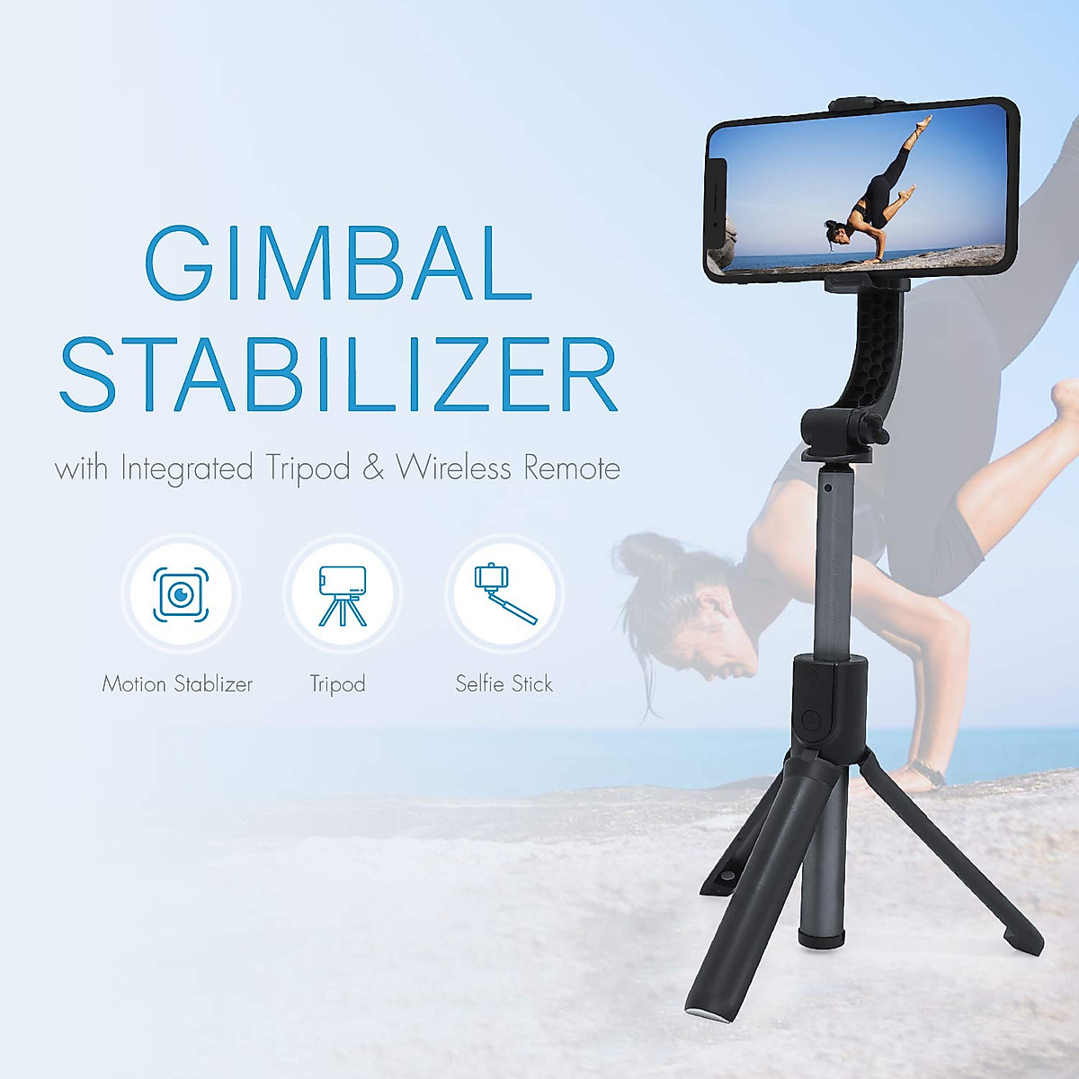 Realm Selfie Gimbal Stabilizer with Wireless Remote for Smartphones, Extendable Bluetooth Selfie Stick & Tripod, 1-Axis Smartphone Gimbal