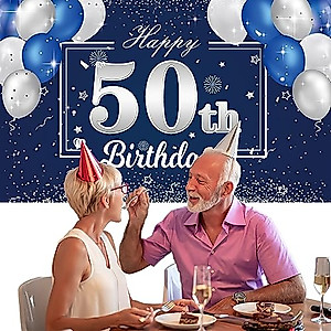 50th Birthday Decorations Banner Men, Blue Silver Happy 50th Bday Decorations for Men, 50th Birthday Decorations Men Blue, 50 Year Old Photography Background