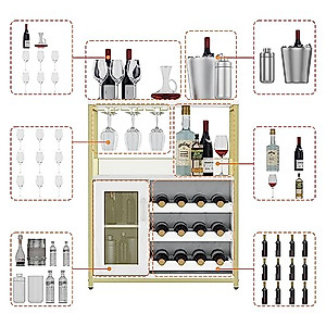 GAOMON Wine Bar Cabinet with Removable Wine Racks and 1 Drawer,Bar Cabinet with Glass Holder and Mesh Door for Liquor and Glasses(Gold)
