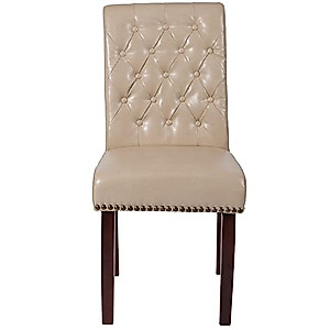 Flash Furniture Set of 4 Hercules Series Beige LeatherSoft Parsons Chairs with Rolled Back, Accent Nail Trim and Walnut Finish