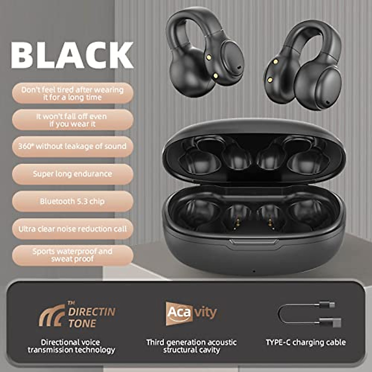 Bluetooth 5.3 Ear Clip Bone Conduction Headphones, Wireless Earbuds with Earhook for Gym, Open Ear in Ear Headphones, Mini Sports Waterproof Running Earring Headphones,