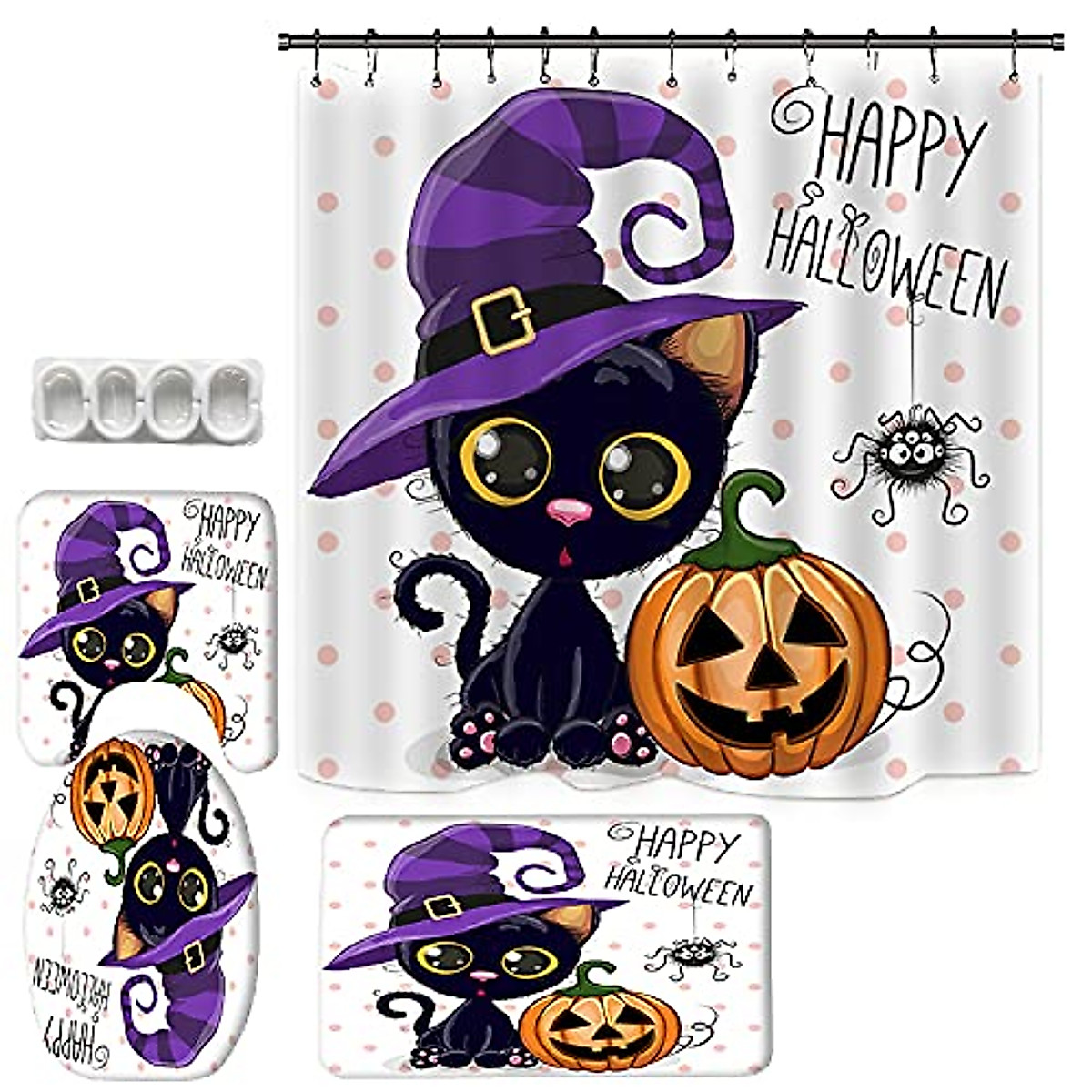 RLHHUG Cute Shower Curtain Set for Bathroom Decor, Pumpkin Cat Curtains 72×72 Inch with Absorbent Bath Mat, Washable Durable Decorative Plastic Curtain with Hooks, Toilet Contour Mat and Lid Cover