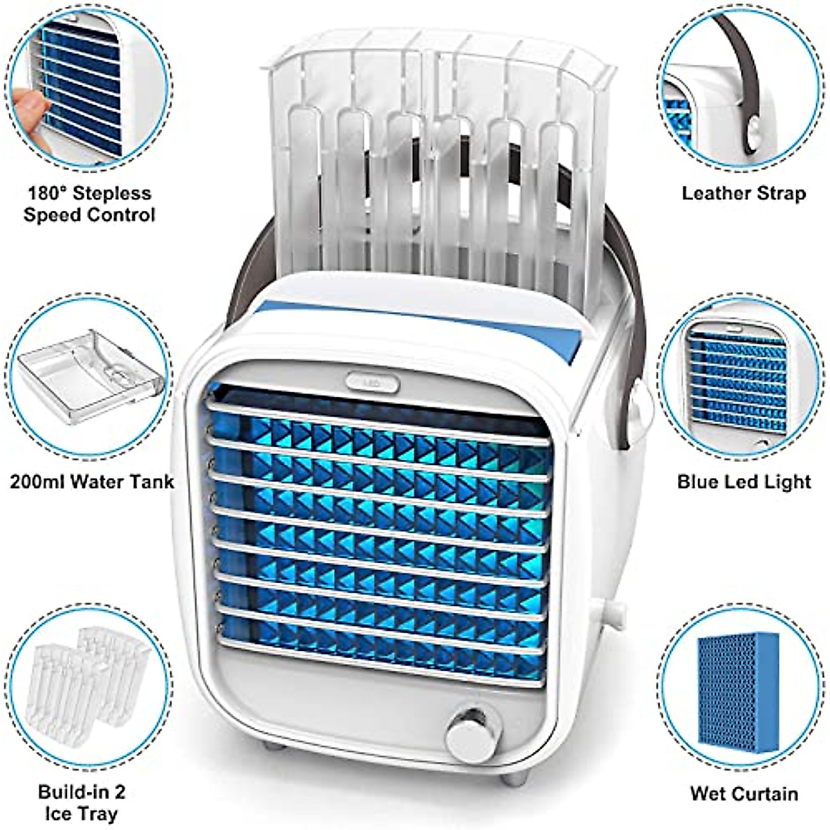 Portable Air Conditioner Fan for Office - Mini Desktop Evaporative Air Car Amplifier Cooling Fan, Adjustable Direction, Build-in Ice Tray Water Tank, Zero Noise Personal Cooler for Small Room Dorm