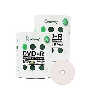 Smart Buy 200 Pack DVD-R 4.7gb 16x White Printable Inkjet Blank Media Record Disc, 200 Disc 200pk