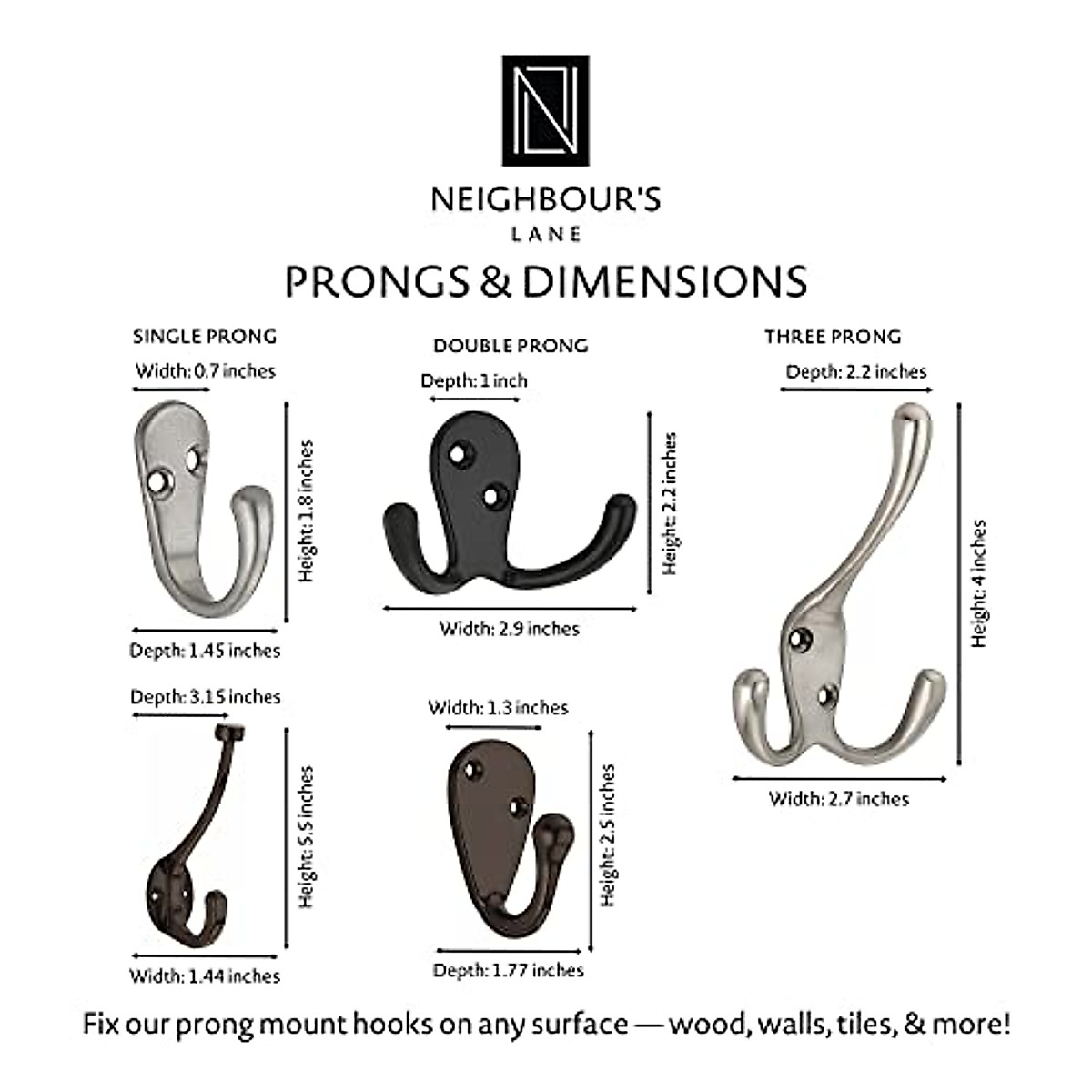 Neighbours Lane Towel Hooks for Bathroom Wall Mounted - Satin Nickel Single Prong Wall Hooks for Hanging Coats, Clothes, Bags, Hats, Towels, & More - Pack of 5 Small-Sized Hooks