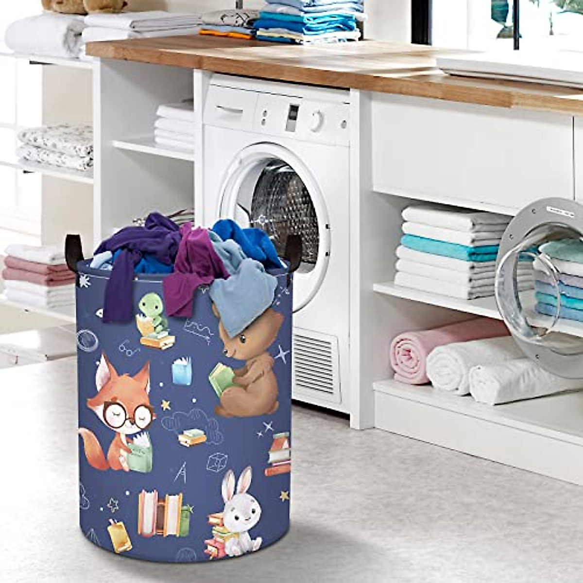 Clastyle 45L Lovely Animals Books Fox Turtle Bear Kids Laundry Hamper Rabbit Deer Koala Blue Round Toy Clothes Storage Basket for Children Room, 14.2x17.7 in