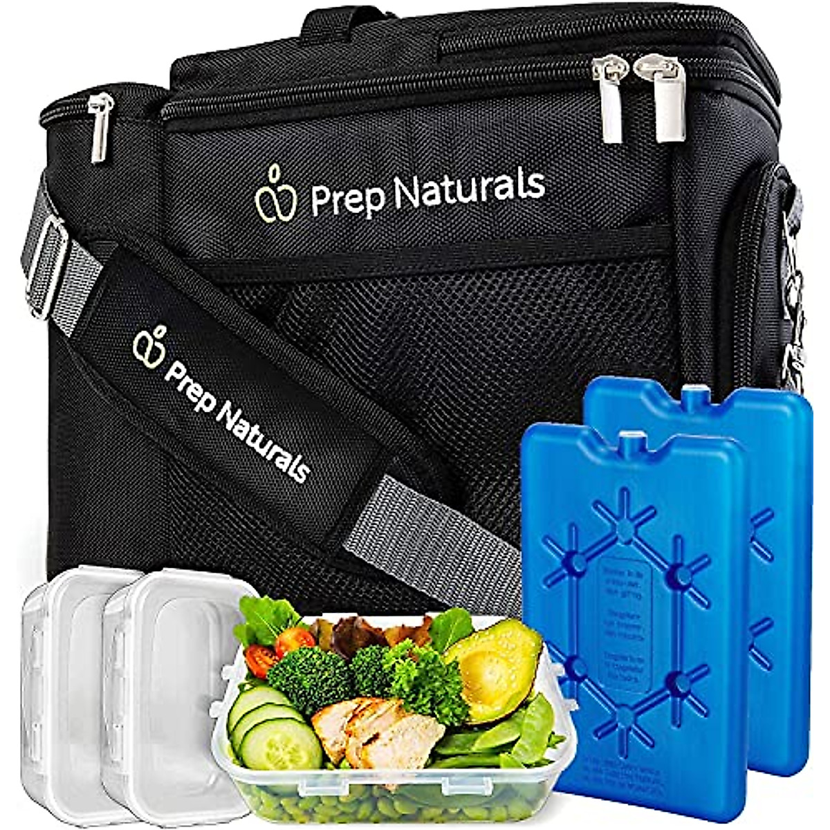 Insulated Lunch Box For Men - Meal Prep Lunch Bag Women/Men. Small Cooler Bag Includes 3 Lunch Containers and Ice Packs. Adjustable shoulder strap. By Prep Naturals