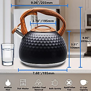 Foedo Tea Kettle, 3.2 Qt Stainless Steel Whistling Tea Kettle for Stove Top, Food Grade Teapot with Wood Pattern Handle for Coffee, Tea, Milk etc, Gas Electric Applicable (Black)