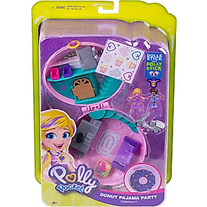 Polly Pocket Playset, Travel Toy with 2 Micro Dolls & Surprise Accessories, Pocket World Donut Pajama Party Compact, Food Toy