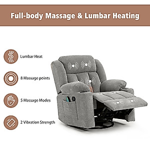 Ketaiyou Rocker Swivel Recliner Chair for Adults, Overstuffed Large Manual Recliner Glider with Massage and Heat, Comfy Soft Fabric Living Room Reclining Sofa Chair(Lime Gray)