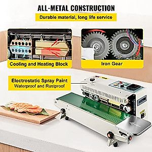 VEVOR Continuous Bag Band Sealing Machine FR900K Band Sealer Machine with Digital Temperature Control Horizontal Bag Sealer for 0.02-0.08 mm Plastic Bags Continuous Band Sealer w/ Printing Function