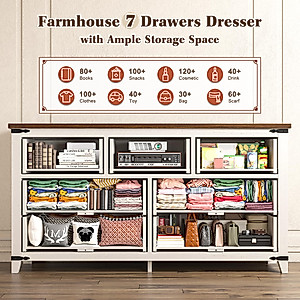 EnHomee Farmhouse 7 Drawers Dresser for Bedroom 51" Wide Wood Dressers & Chests of Drawers White Dresser with Natural Texture Bedroom Dresser TV Stand for Bedroom, Hallway, Closet, Antique White