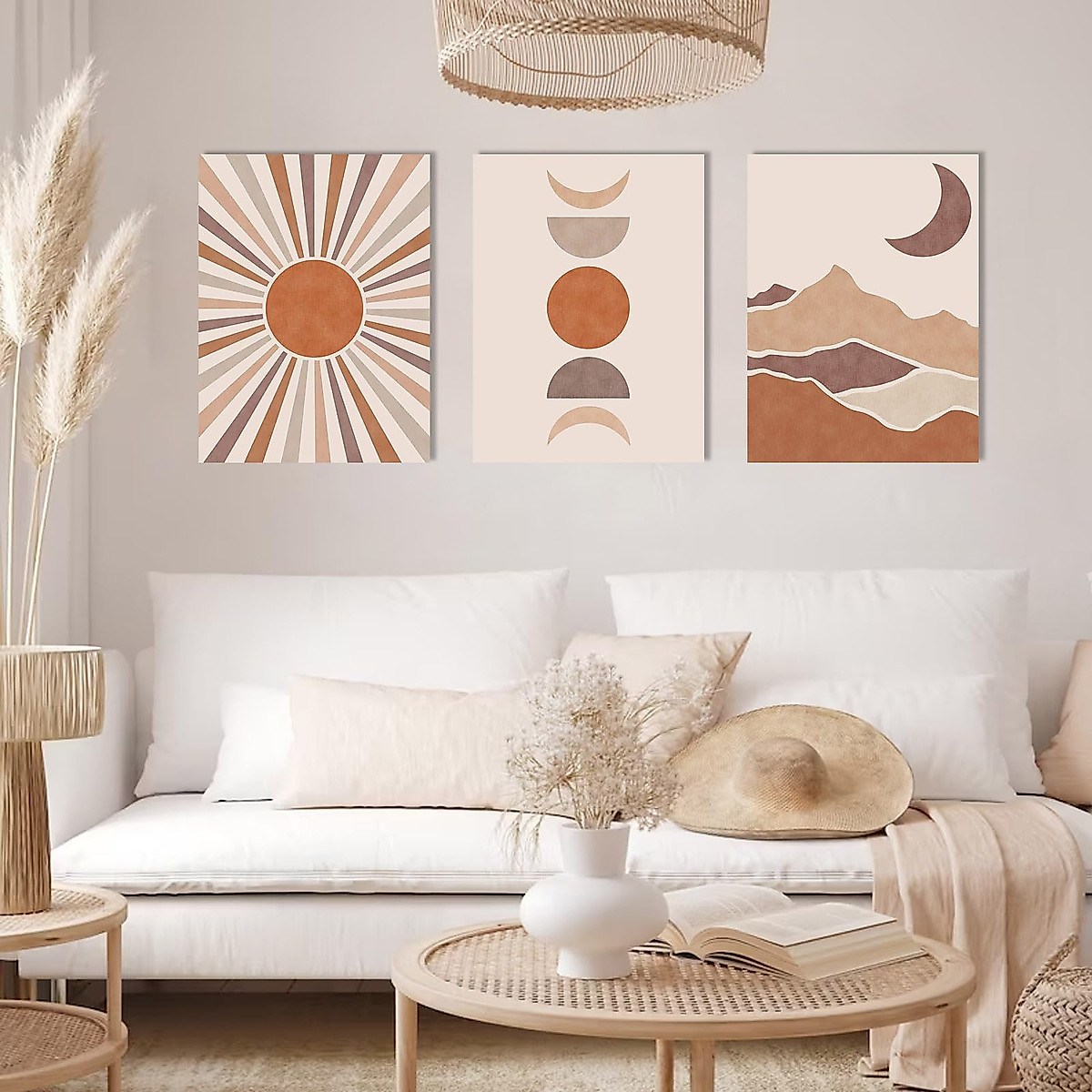 Boho Wall Art Prints, Boho Wall Decor, Mid Century Modern Wall Art Set of 3 Abstract Geometric Prints Beige Terracotta Minimalist Art, Canvas Framed Wall Art for Living Room Bedroom 16"x24"