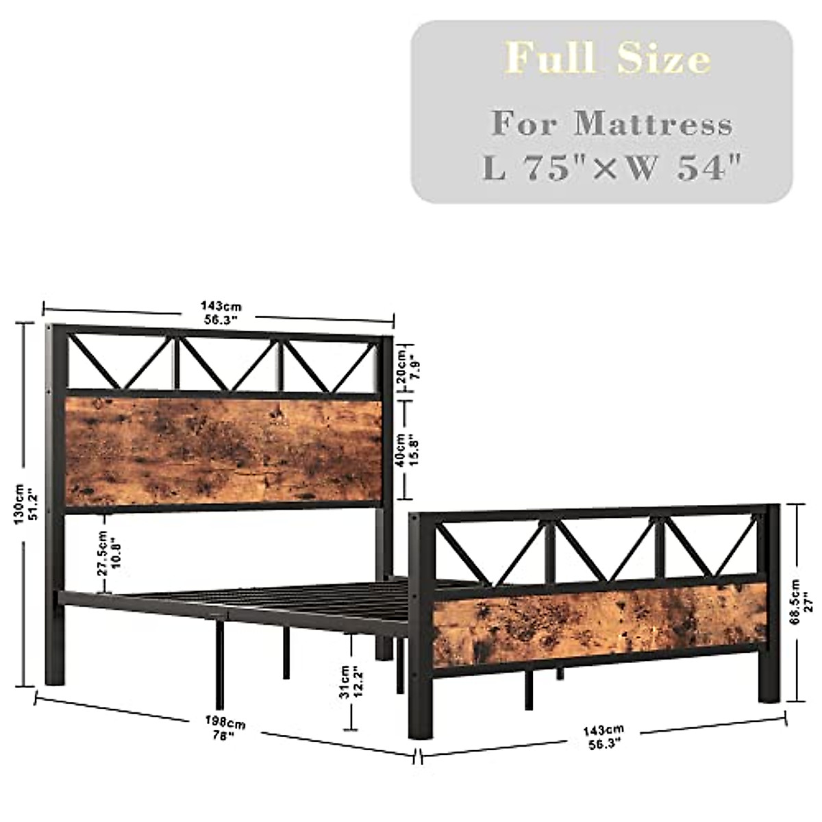 LIKIMIO Full Size Bed Frame, Tall Industrial Headboard 51.2", Platform Bed Frame Full with Strong Metal Support, Solid and Stable, Noise Free, No Box Spring Needed, Easy Assembly
