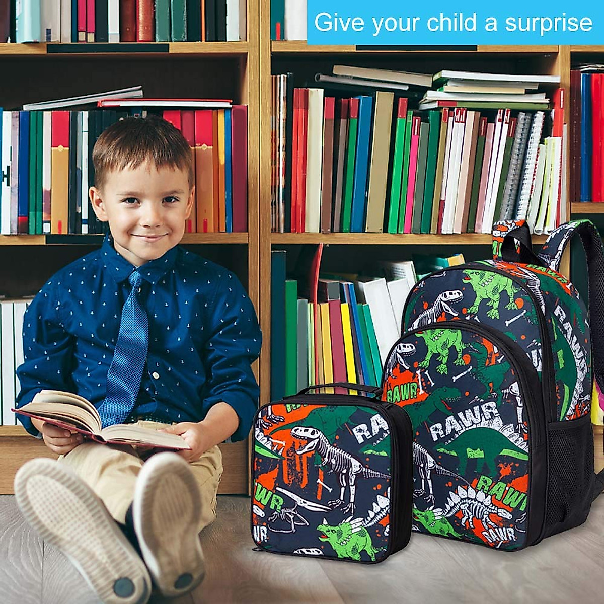 CCJPX Dinosaur Backpack for Boys, 16” Kids Preschool Bookbag and Lunch Box for Kindergarten Elementary