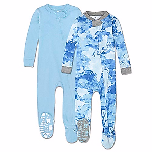 HonestBaby Non-Slip Footed Pajamas One-Piece Sleeper Jumpsuit Zip-Front 100% Organic Cotton PJs for Baby Boys (LEGACY), Watercolor World/Teal Blue, 18 Months