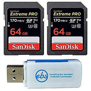 SanDisk 64GB (Two Pack) Extreme Pro Memory Card (SDSDXXY-064G-GN4IN) SDXC 4K V30 UHS-I with Everything But Stromboli (TM) Combo Reader