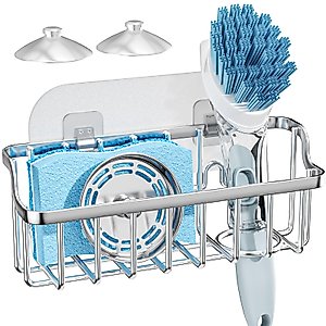 Consumest Sponge Holder for Kitchen Sink with Adhesive Hook & Suction Cups, Rustproof Stainless Steel Sink Caddy, Kitchen Sink Organizer for Sponge, Brush, Sink Stopper - Silver