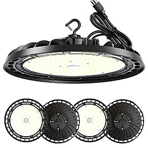 EdisonPar LED High Bay Light 150W PREM 4-Pack, 10' UFO Commercial Lighting Fixture w/Plug for Garage Shop Warehouse Workshop, 150W 5000k 21000lm Dimmable IP65 UL ETL Listed (Count of 4)