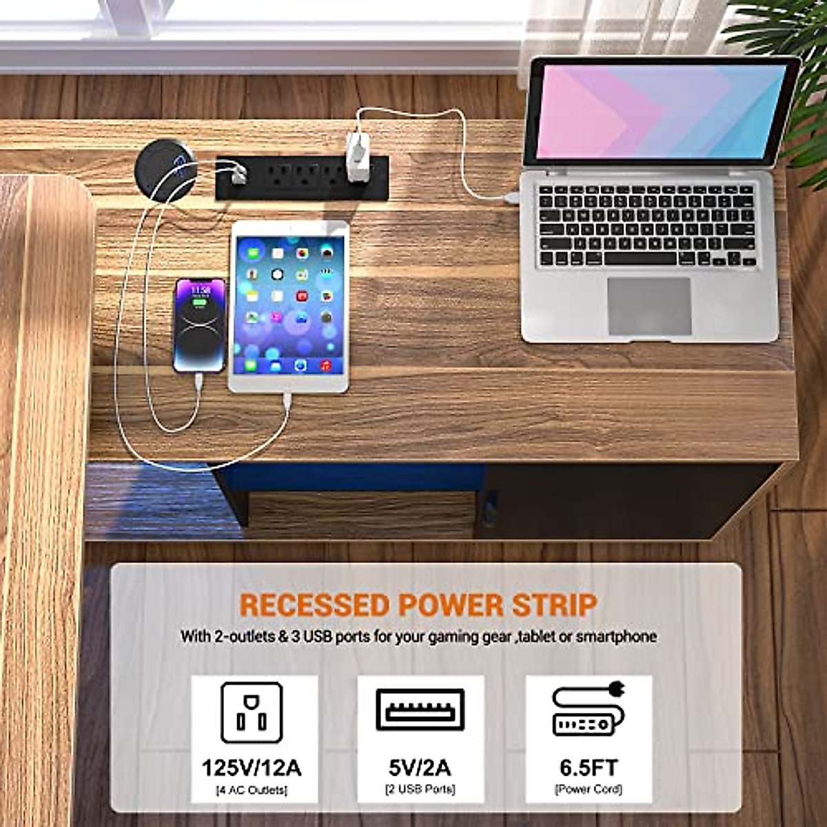 Unikito L Shaped Desk with File Cabinet & Power Outlet, 55 Inch Large Corner Computer Desks with LED Strip, L-Shaped Computer Desk with Door and Storage Shelves for Home Office, Rustic Walnut