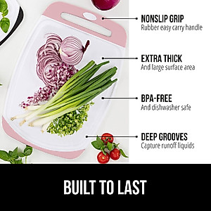 The Original GORILLA GRIP Oversized 100% BPA Free Reversible Durable Kitchen Cutting Board Set of 3, Juice Grooves, Dishwasher Safe, Easy Grip Handle Border, Food Chopping Boards, Cooking, White Pink