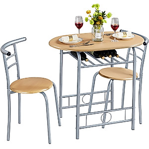 Topeakmart 3 Piece Kitchen Table Set - Dining Table Sets for 2 - Compact Table and Chairs w/Steel Frame & Shelf Storage for Small Spaces, Apartment,Bistro - Natural