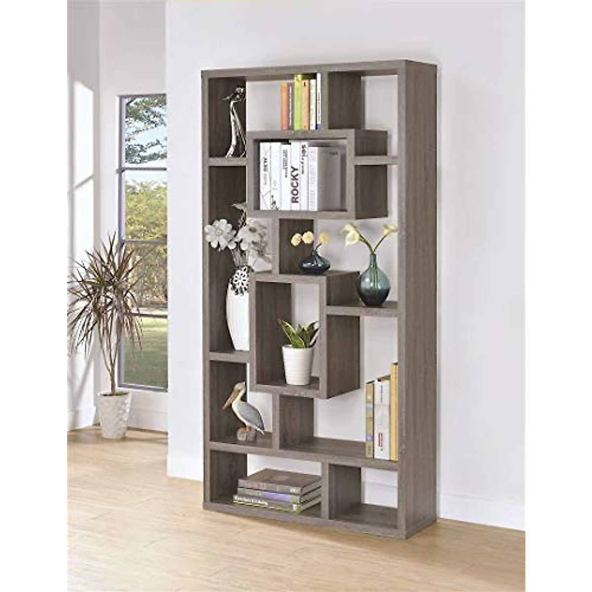 Coaster Furniture Geometric Cubed Rectangular Bookcase 11.5" D x 35.5" W x 70.75" H Weathered Grey 800512