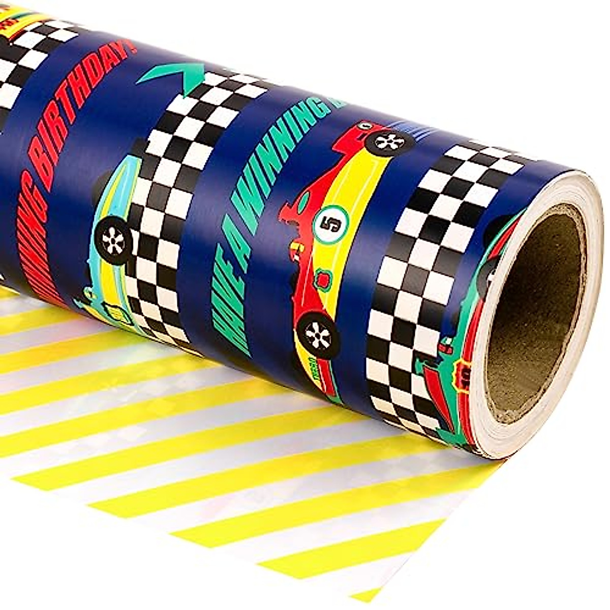WRAPAHOLIC Reversible Wrapping Paper - Mini Roll - 17 Inch X 33 Feet - Racing Cars and Yellow Stripes Design Design for Birthday, Holiday, Baby Shower