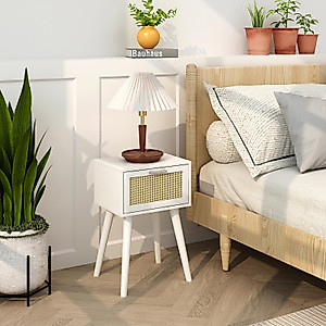 LAATOOREE Table, Nightstand Set of 2 - Small End Table with Rattan Door, Boho Style for Bedroom Living Room - White