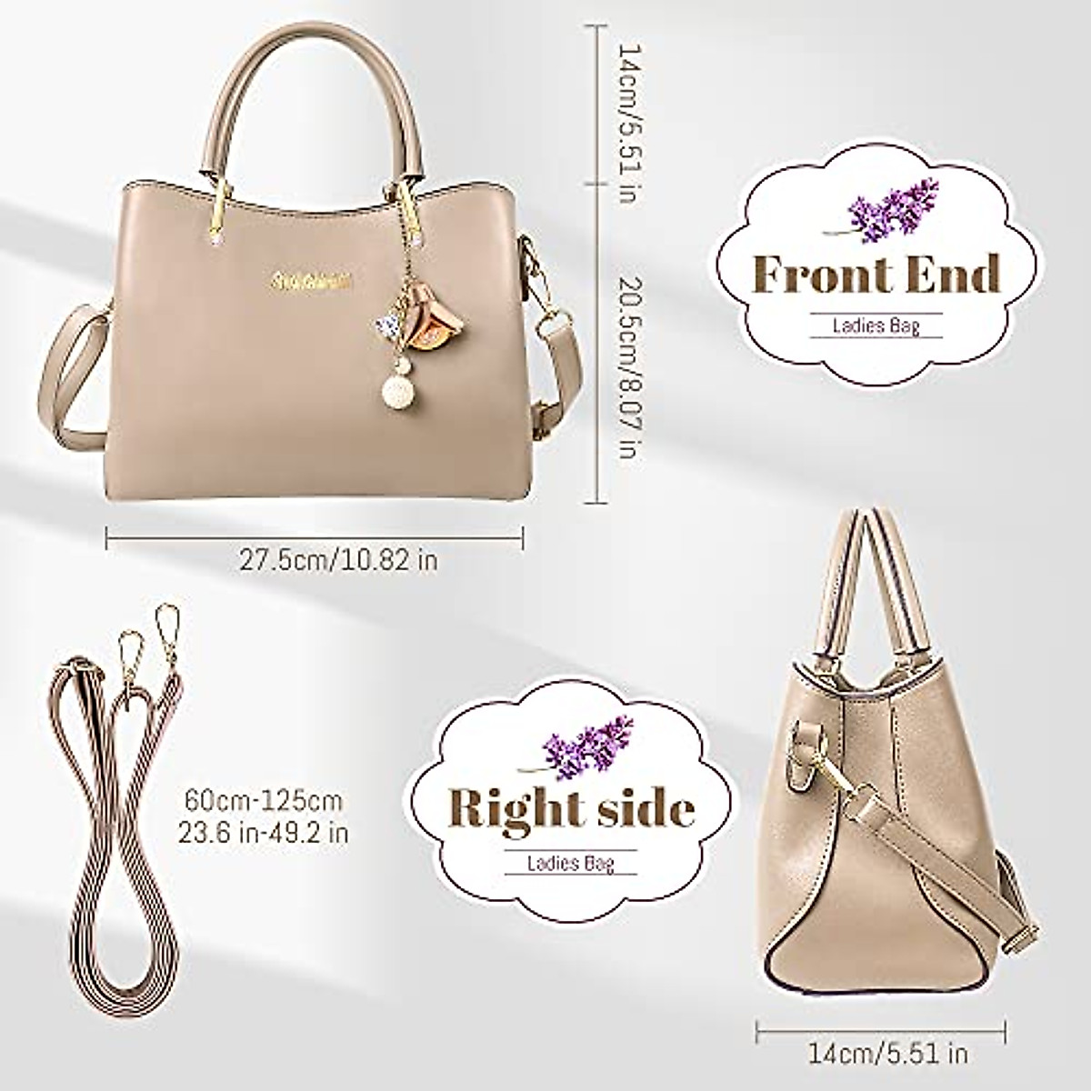 Satchel Purses and Handbags for Women, 3 Compartment Hand Bags with Charms, Pu Leather Ladies pocketbooks for women, Khaki