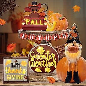 Thanksgiving Tiered Tray Decorations, LED Light Up Thanksgiving Decorations Farmhouse Rustic Wooden Sign Turkey Gnome Fall Decor Warm Thanksgiving Autumn Home Table Kitchen Decorative Tray