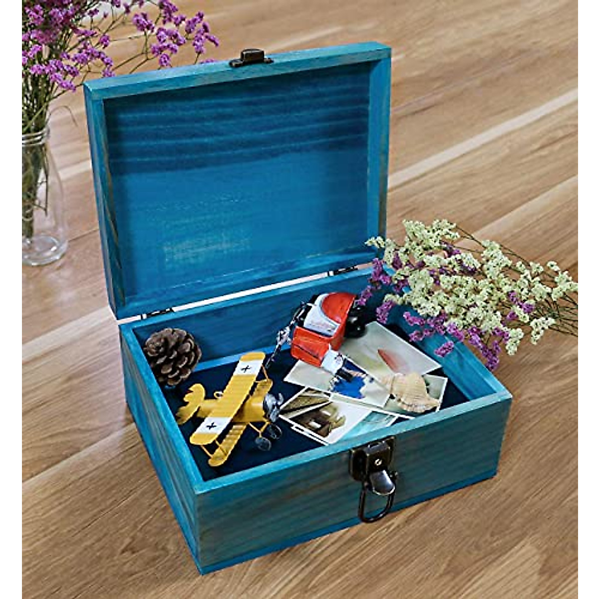 Dedoot Wooden Keepsake Box, Blue Wood Box with Lock Decorative Handmade Craft Small Latched Box for Jewelry Gift Storage and Home Decor, 9.3x7.6x4.5 Inch