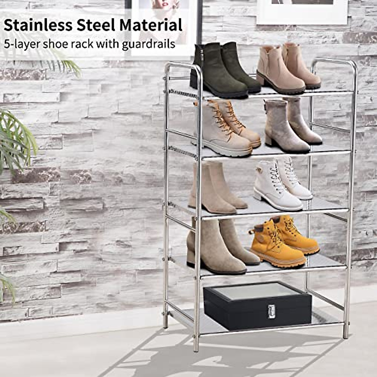 susunnus Stainless Steel Storage Shelf Free Standing Shelf Units Narrow Shoe Rack Slim 5 Tier Shoes Organizer for Entryway, Hallway, Closet, Kitchen, Bathroom (Sliver)