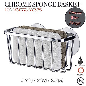 Kitchen Details Suction Cup Mount Sponge Holder | Sink Organizer | Compact Basket | Self-Draining | Chrome