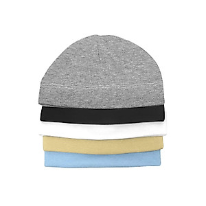 Betty Dain Jersey Knit 5 Piece Infant/Baby Cap, Set of 5 Soft Baby Beanies, Assorted Colors, 100% Cotton Stretch, Boys, Machine Washable, Grey/White/Black/Beige/Blue