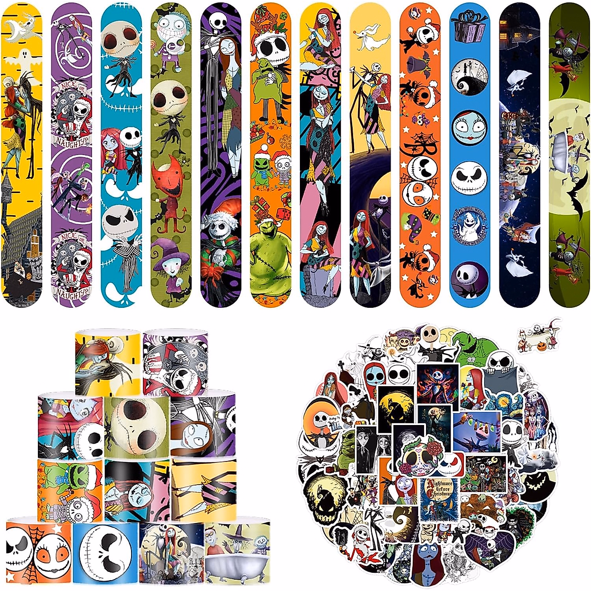 QWAERPLPN 48PCS Nightmare Before Christmas Slap Bracelet and 50PCS Nightmare Party Stickers for Kids Baby - The Nightmare Before Christmass Birthday Party Supplies Favors Children/Kids/Adults (98PCS)