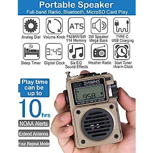 ZHIWHIS Shortwave Radio, MP3 Player with Weather Radios Portable AM FM, Retro Bluetooth Speaker with 6 EQ Modes, Rechargeable Alarm Clock Receiver with Sleep Time and NOAA Alerts ZWS-701
