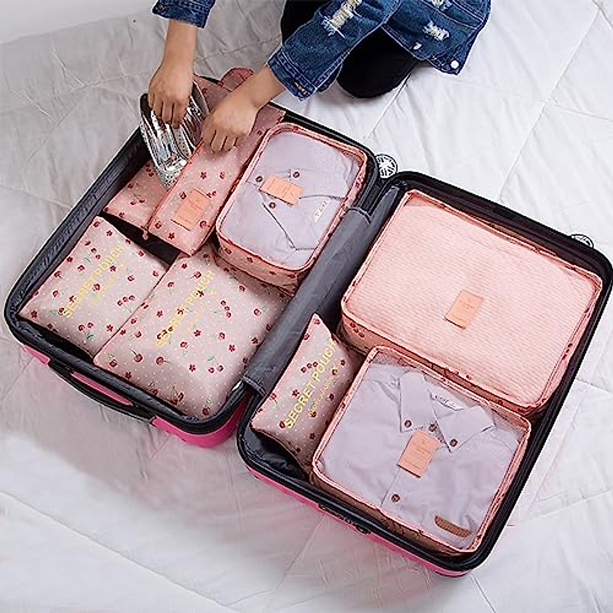 Laebevon 7 Set Packing Cubes with Shoe Bag - Travel Luggage Organizer, Pink Cherry