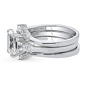 BERRICLE Sterling Silver 3-Stone Wedding Engagement Rings Emerald Cut Cubic Zirconia CZ 7-Stone Ring Set for Women, Rhodium Plated Size 5.5