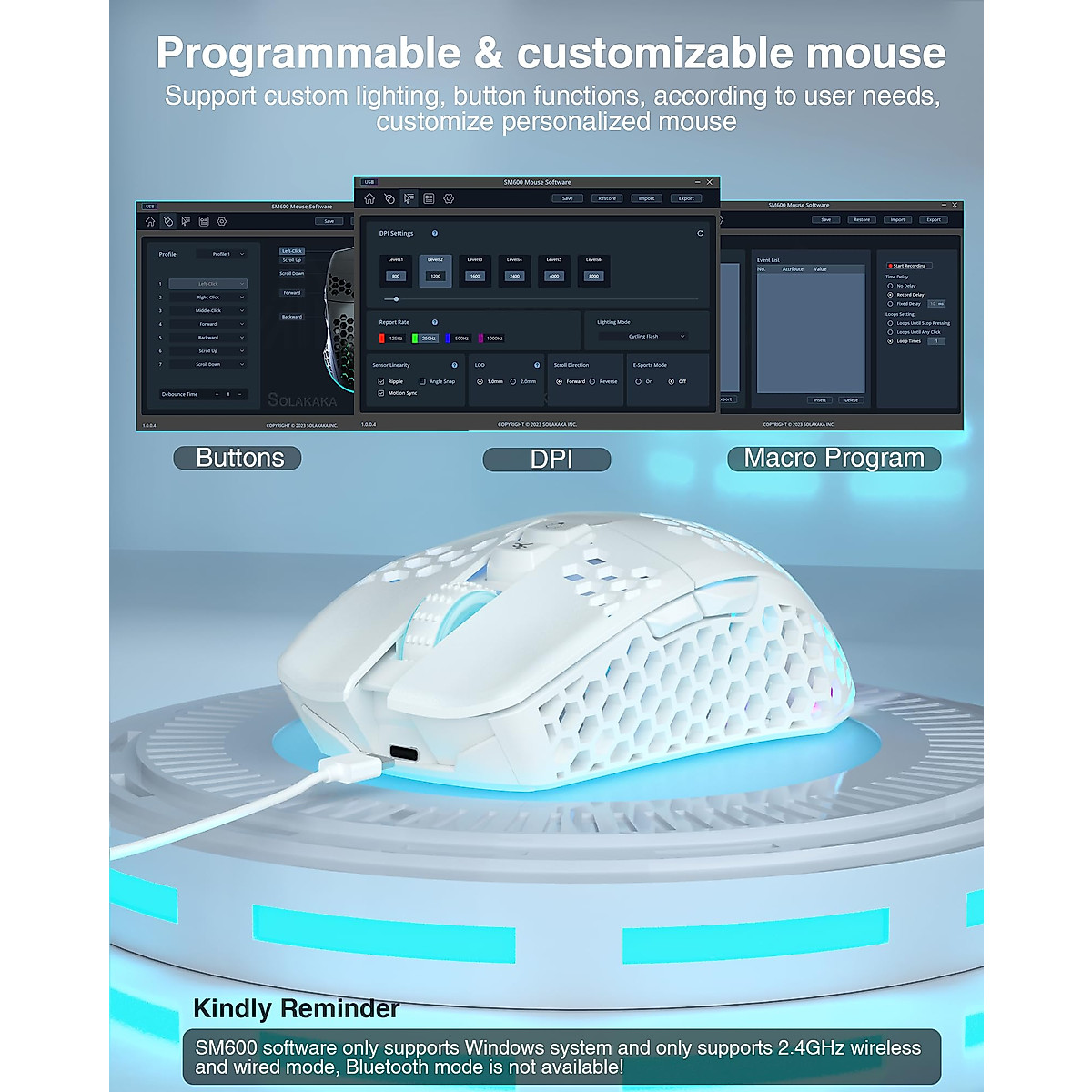SOLAKAKA SM600 White Wireless Gaming Mouse,8000 DPI Tri-Modes BT5.1/Type-C Wired/2.4G Wireless Mouse with 2 Side Buttons, Programmable Macro Gamer Mouse with RGB Light for Laptop/PC/Mac