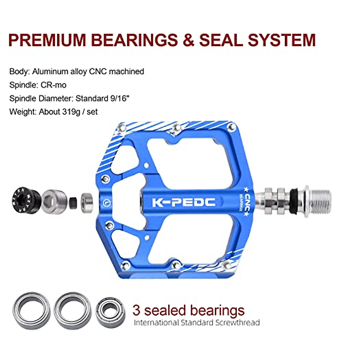 K PEDC Bike Pedal Aluminum Alloy 9/16" Bike Pedal MTB Wide Platform Flat Non-Slip Bicycle Pedals with 3 Bearings for Mountain Bikes, Road, BMX Blue