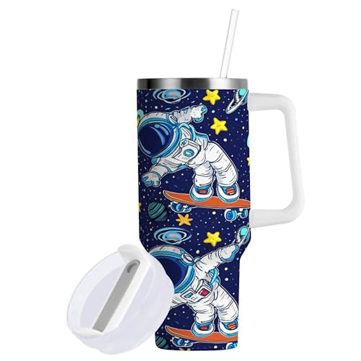 RPLIFE Cartoon Astronaut Skateboarding Blue 40 Oz Tumbler with Handle and Straw, Stainless Steel Tumbler with Straw, Coffee Tumbler for Women