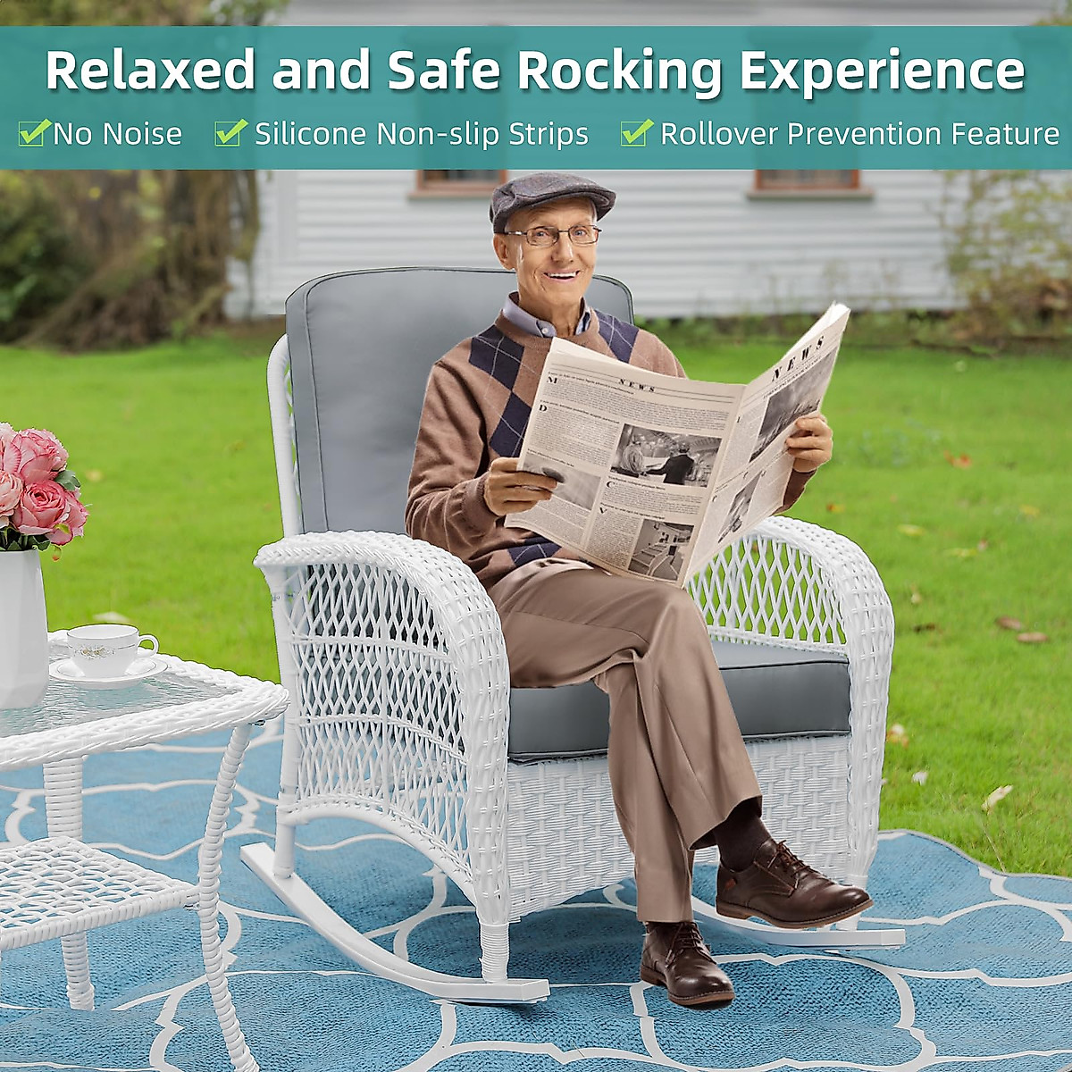 MEETWARM 3 Pieces Patio Conversation Set, Rattan Outdoor Rocking Patio Bistro Set with 2 Rockers and 1 Side Table with 4" Thick Cushions, Outdoor Furniture Set for Porch Backyard, White Wicker/Grey