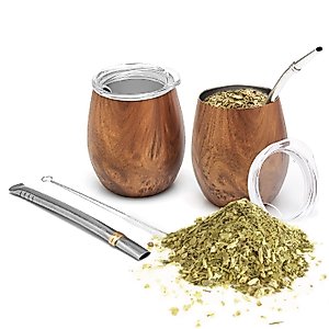 BALIBETOV Modern Mate Cup And Bombilla Set (Yerba Mate Cup) -Yerba Mate Set includes Double Walled 18/8 Stainless Steel Mate Tea Cup, Two Bombilla Mate (Straw) and a Cleaning Brush (Wood)