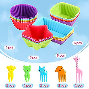 WSmelon Silicone Lunch Box Dividers for kids, 24 pcs Bento Box Dividers with 10 Animal Food Picks,Silicone Bento Box Inserts,Silicone Cupcake Baking Cups,Muffin Pan Liners, Reusable and BPA Free