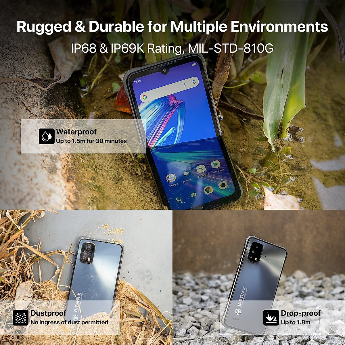 UMIDIGI Bison X10S Unlocked Rugged Smartphones,4GB+32GB 6150mAh Battery IP68/IP69K Waterproof Shockproof Phone with 6.53" Large Full Screen Smartphone 16MP Main Camera Cell Phone